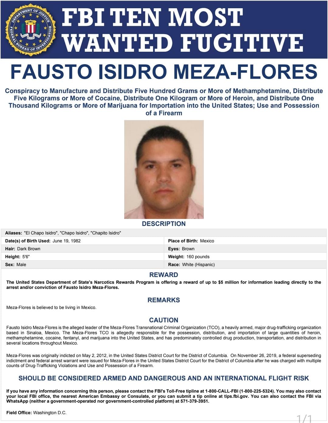 FBI publica ficha de búsqueda para capturar a “El Chapo” Isidro. - TM ...